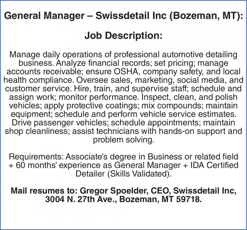 General Manager, Gregor Spoelder - Swissdetail Inc